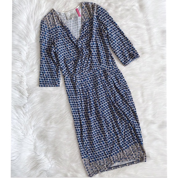 Leota | Dresses | Leota Blue Square Print Faux Wrap Dress | Poshmark
